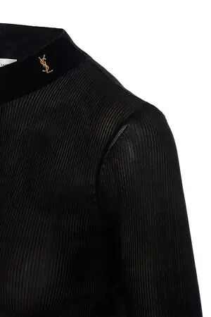 Saint Laurent Cassandre Ribbed Stand-collar Long-sleeved Blouse