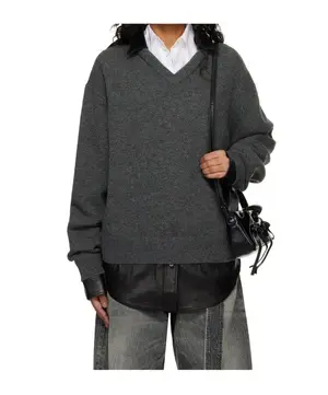 Acne Studios V-neck Sweater With Faux Two-piece Design And Leather Trim
