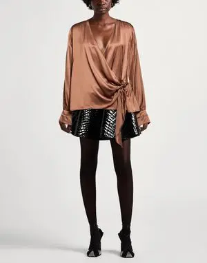 OTTOD'AME Draped Satin Wrap Top With Logo Embellishment