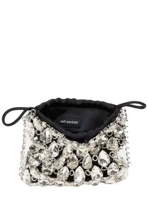 SELF-PORTRAIT Crystal Embellished Metallic Mesh Mini Bucket Bag - Silver