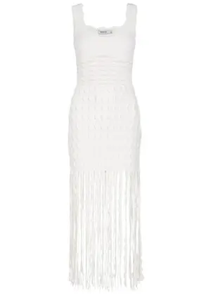 Simkhai Brionne Scalloped Knit Midi Dress With Fringe - Ivory