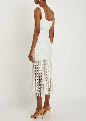Simkhai Brionne Scalloped Knit Midi Dress With Fringe - Ivory