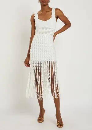 Simkhai Brionne Scalloped Knit Midi Dress With Fringe - Ivory