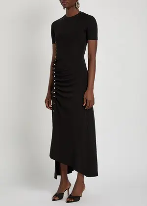 Rabanne Gathered Asymmetric Stretch-jersey Midi Dress - Black
