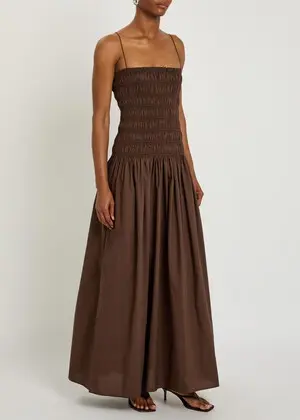 Matteau Shirred Cotton-poplin Maxi Dress - Chocolate