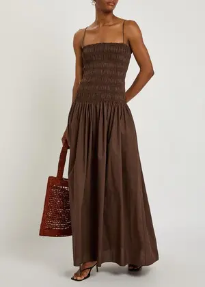 Matteau Shirred Cotton-poplin Maxi Dress - Chocolate
