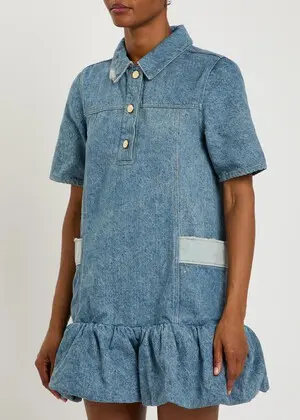 GANNI Peplum Mini Dress With Contrasting Trim And Distressed Details