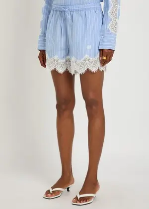 Simkhai Emmie Striped Lace-trim Cotton-poplin Shorts - Blue