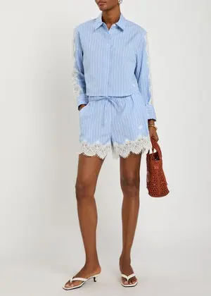 Simkhai Emmie Striped Lace-trim Cotton-poplin Shorts - Blue