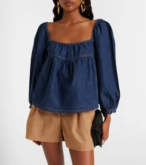 Saint Laurent Gathered Denim Blouse