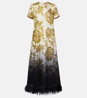 La DoubleJ Swing Feather-trimmed Floral Silk Twill Maxi Dress - Multicoloured