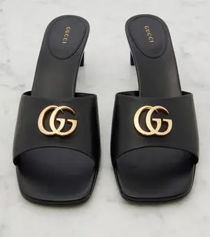 Gucci Double G Leather Mules - Black
