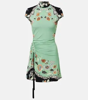 Roberto Cavalli Floral Gathered Jersey Minidress - Green