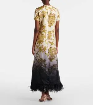 La DoubleJ Swing Feather-trimmed Floral Silk Twill Maxi Dress - Multicoloured