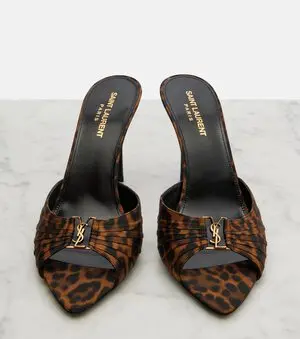 Saint Laurent Babylone Cassandre Grosgrain Mules In Leopard Print - Brown