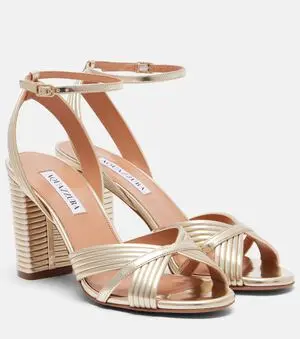 AQUAZZURA Metallic Leather Block Heel Sandals - Gold
