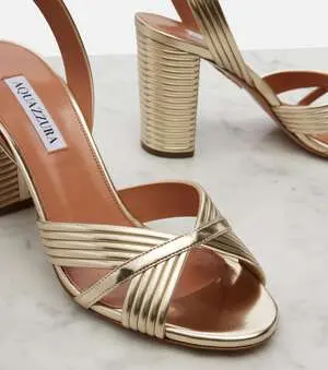 AQUAZZURA Metallic Leather Block Heel Sandals