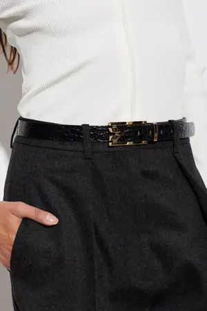Victoria Beckham Crocodile-embossed Leather Skinny Belt With Gold Geometric Buckle - Black
