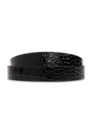 Victoria Beckham Crocodile-embossed Leather Skinny Belt With Gold Geometric Buckle - Black