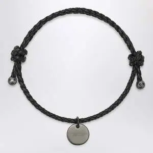 Bottega Veneta Woven Leather Bracelet With Logo Plaque - Black