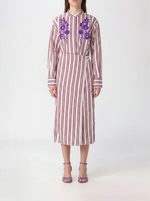 Antik Batik Striped And Floral Cotton Long Wrap Shirt Dress With Mandarin Collar