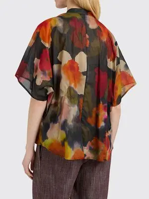 Momoni Short-sleeved Floral Print Cotton Shirt With Ruffles And Mandarin Collar