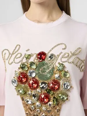 Philipp Plein Cotton Jersey T-shirt With Rhinestone Logo And Fringed Hem