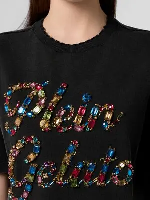 Philipp Plein Relaxed Fit Cotton T-shirt With Rhinestone Logo And Fringed Hem