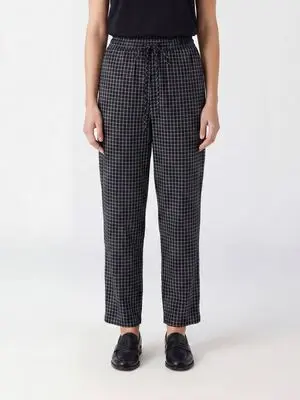 DUNST Straight Leg Check Cotton Blend Trousers With Elasticated Waist And Drawstring