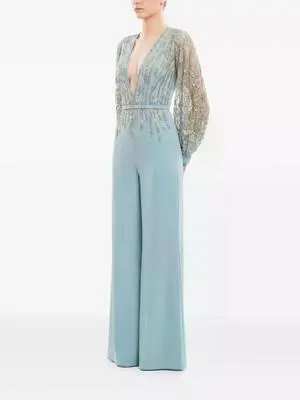 SAIID KOBEISY Beaded V-neck Belted Wide-leg Jumpsuit