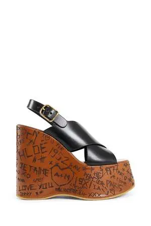 Chloé Maxime Wedge Sandals With Criss-cross Straps And Engraved Detailing - Black
