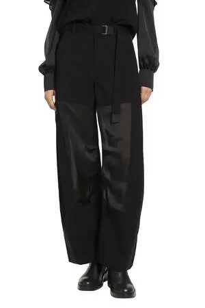 Sacai Wool Twill Wide-leg Pants With Spliced Sheer Panels