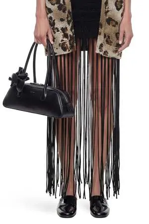LANEUS Fringed Crochet Knit Skirt - Black