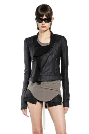 Rick Owens Lamb Leather Biker Jacket With Draped Silk Scarf - Black