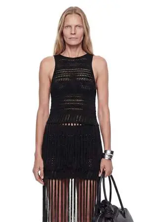 LANEUS Crochet Knit Fringed Top