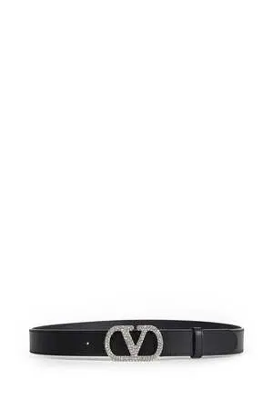 Valentino Garavani Crystal V Logo Leather Belt - Black