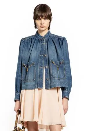 Chloé High Neck Gathered Denim Jacket With Gold Brass Horse Medal Chain - Blue