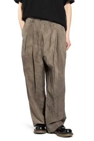 ZIGGY CHEN Drop Crotch Pleated Trousers In Striped Viscose Linen Canvas