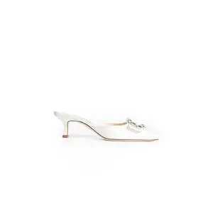 Manolo Blahnik Mayjou Satin Crystal Buckle Mules - White