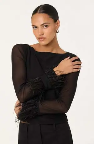 Astr The Label Brisa Mesh Feather Trim Top - Black