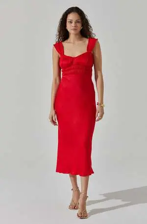 Astr The Label Enola Satin Smocked Midi Dress - Red