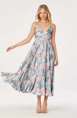 Astr The Label Maeve Floral Pleated Satin Midi Dress - Blue Multi Abstract