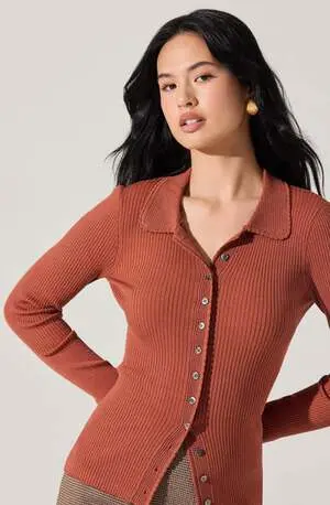 Astr The Label Collared Ribbed Knit Cardigan