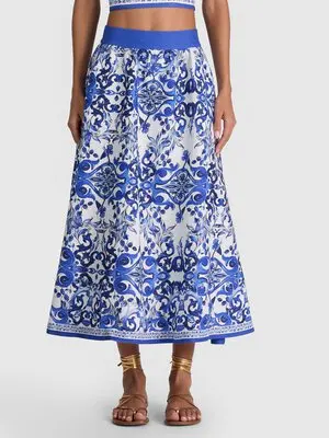 Alice + Olivia Earla Linen Blend Printed Midi Skirt