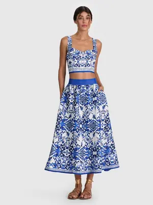 Alice + Olivia Earla Linen Blend Printed Midi Skirt