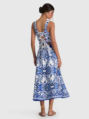 Alice + Olivia Earla Linen Blend Printed Midi Skirt