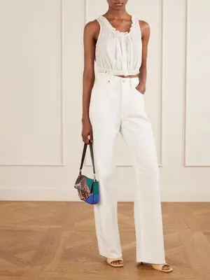 Staud Sicilia Cropped Cotton Tank With Ruffle Trim - Neutrals