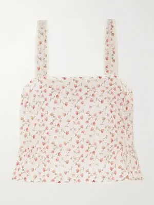 Posse Charlotte Lace-trimmed Floral-print Cotton Top - Pink
