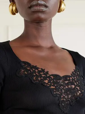 Saint Laurent Guipure Lace-trimmed Ribbed Silk T-shirt - Black