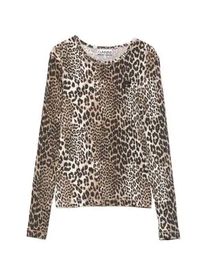 GANNI Organic Cotton Ribbed Leopard Print Long Sleeve T-shirt - Multicolor